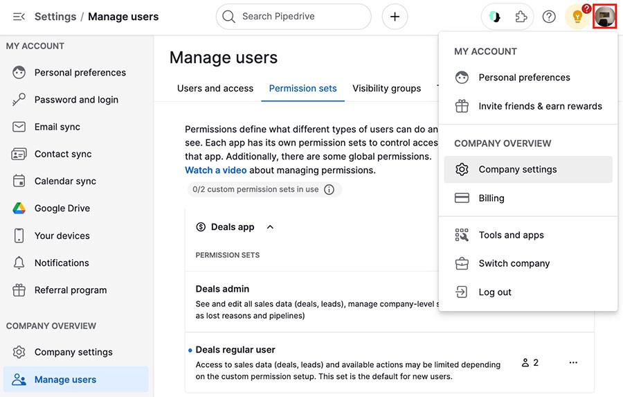 Permission sets - Knowledge Base | Pipedrive